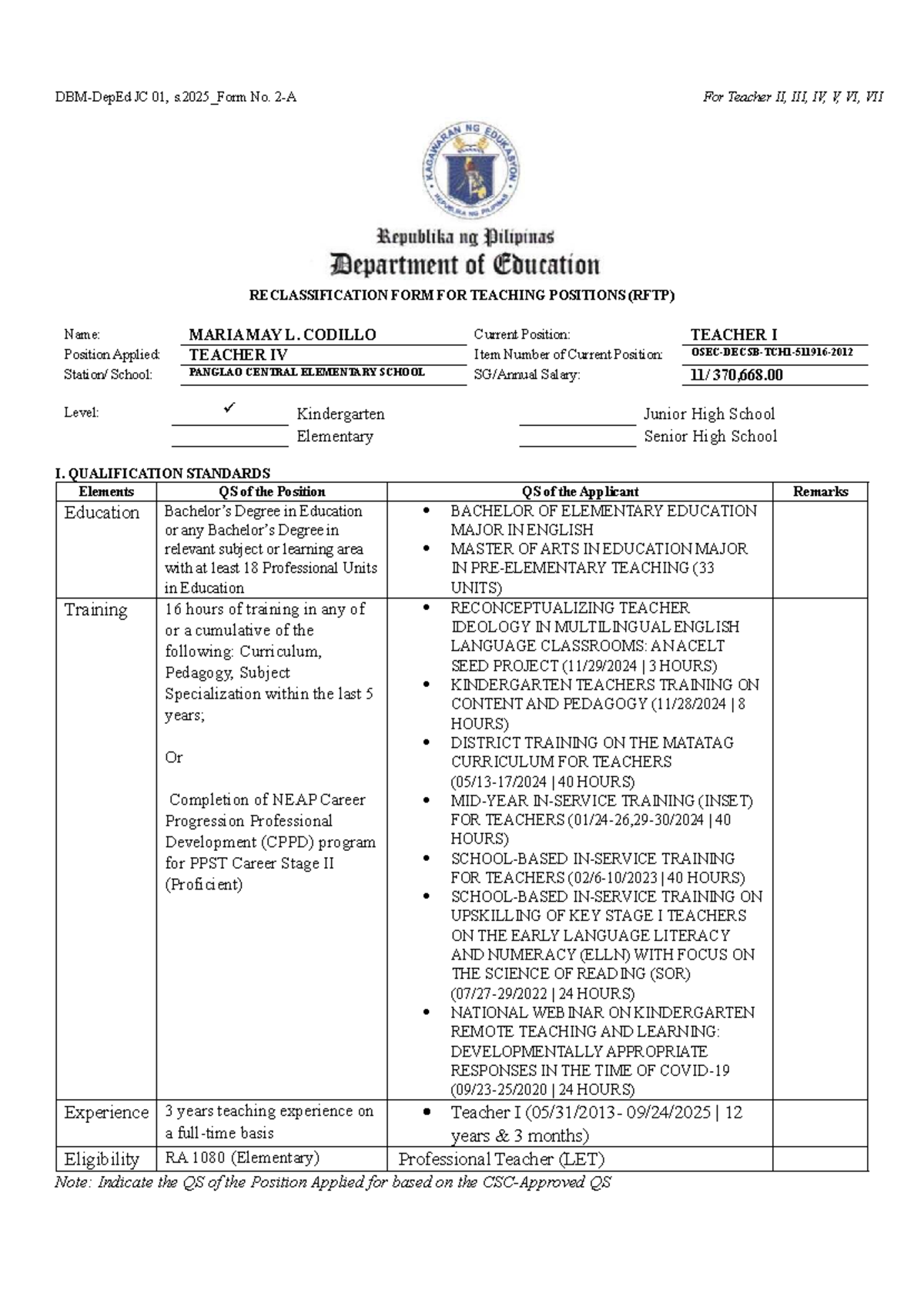 RFTP Guide for Teacher II-VII Reclassification - JC 01, s.2025 - Studocu