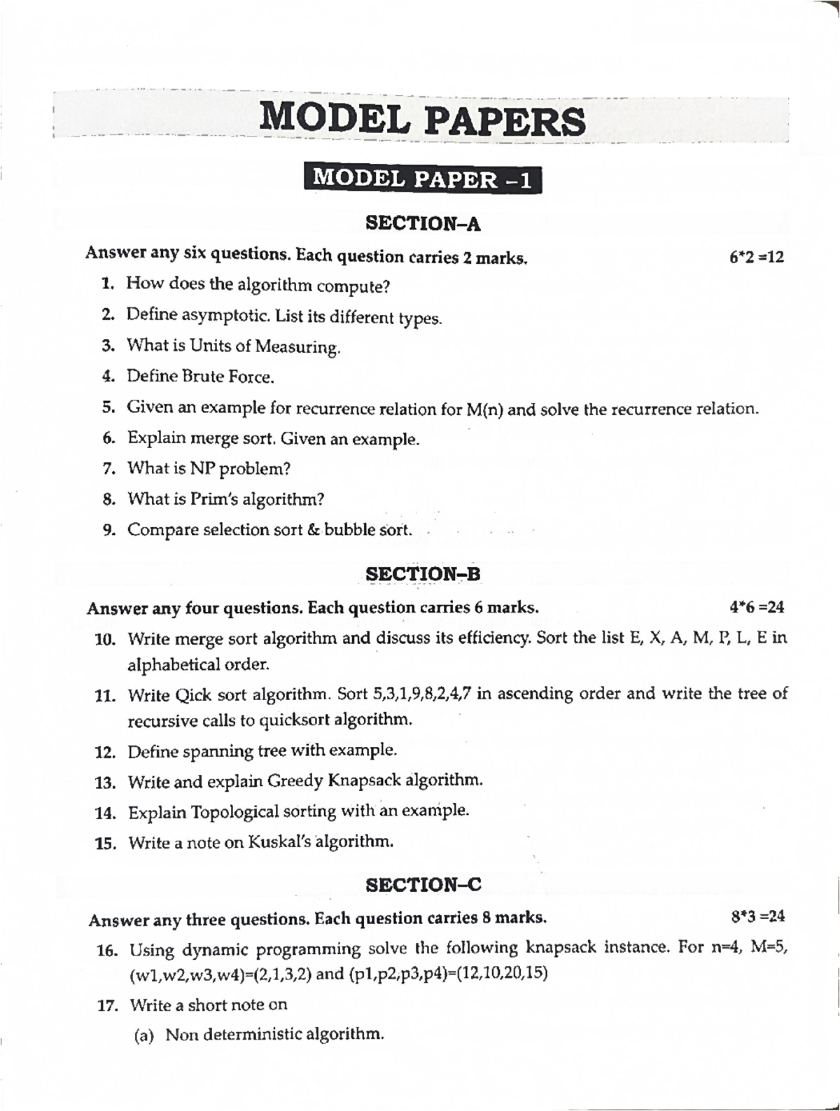 ADA Model Paper QP - Important Topics for Exam Preparation - Studocu