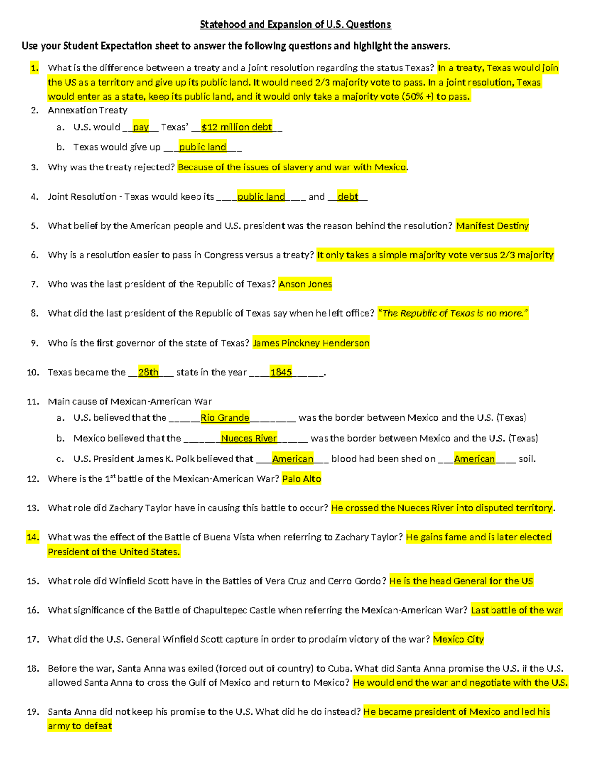 U.S. History 7: Statehood & Expansion Pretest Review - KEY - Studocu
