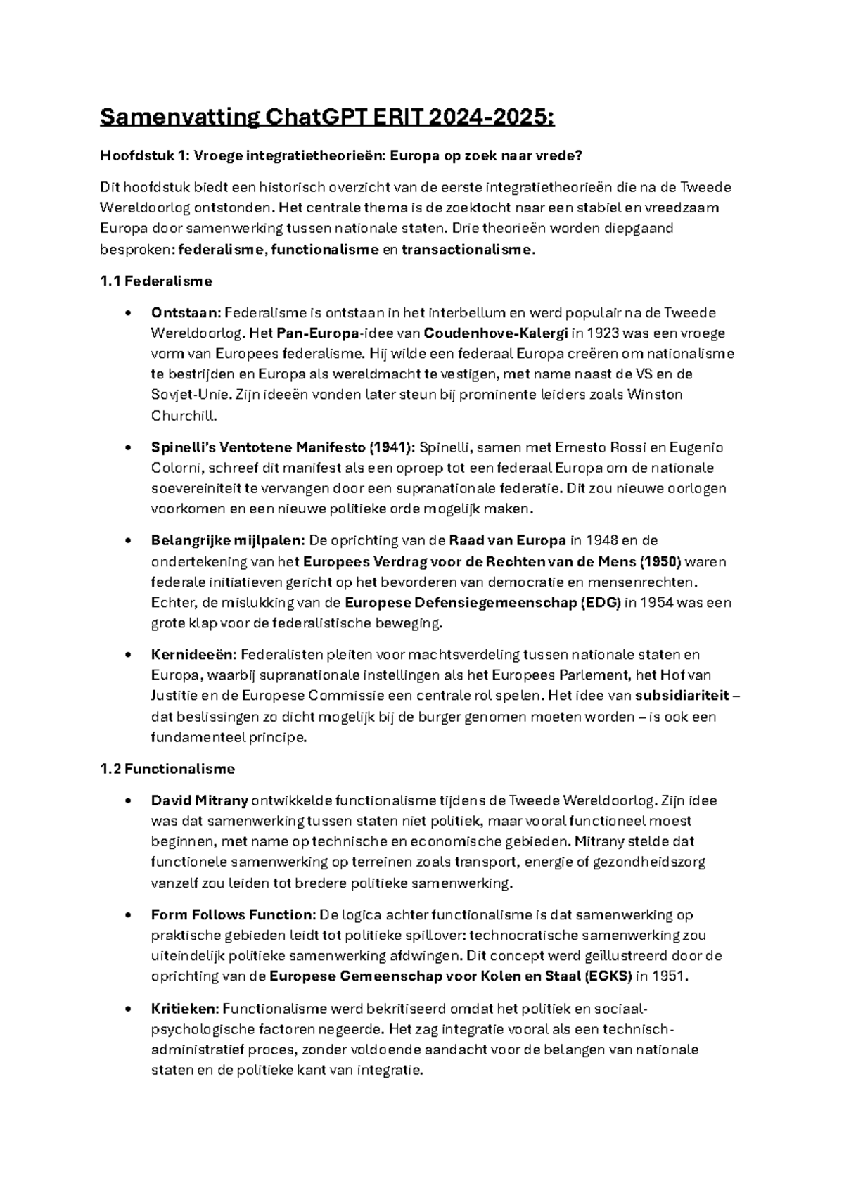 Samenvatting ERIT 2024-2025: Vroege Integratietheorieën en ...