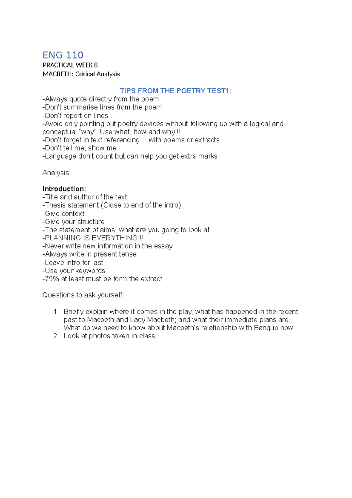 ENG 110: Practical Week 8 - Critical Analysis Tips for Macbeth - Studocu