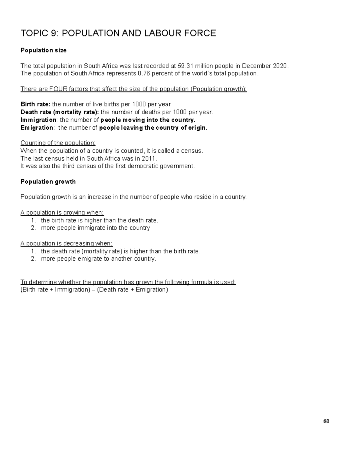 Grade 10 Population & Labour Force Notes (Core Notes 2022) - Studocu
