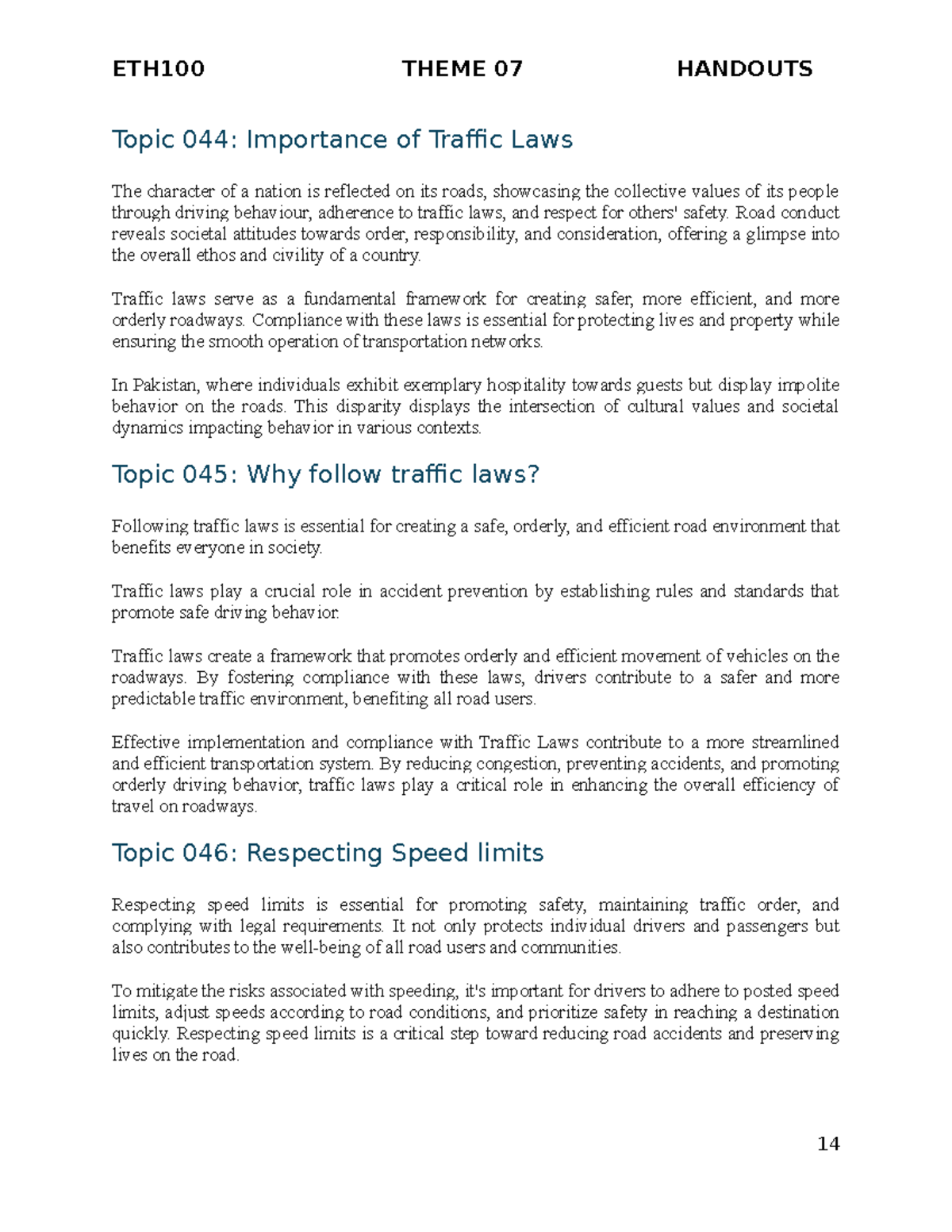 ETH100 THEME 07 HANDOUT: Importance of Traffic Laws and Safety - Studocu