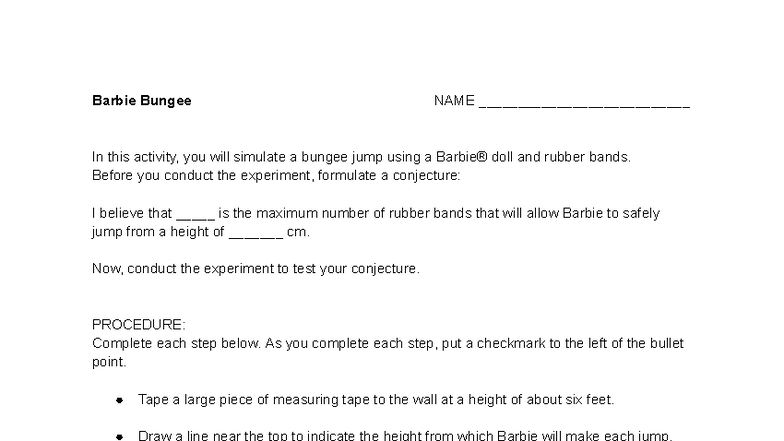 Barbie Bungee Worksheet - Barbie Bungee NAME ...