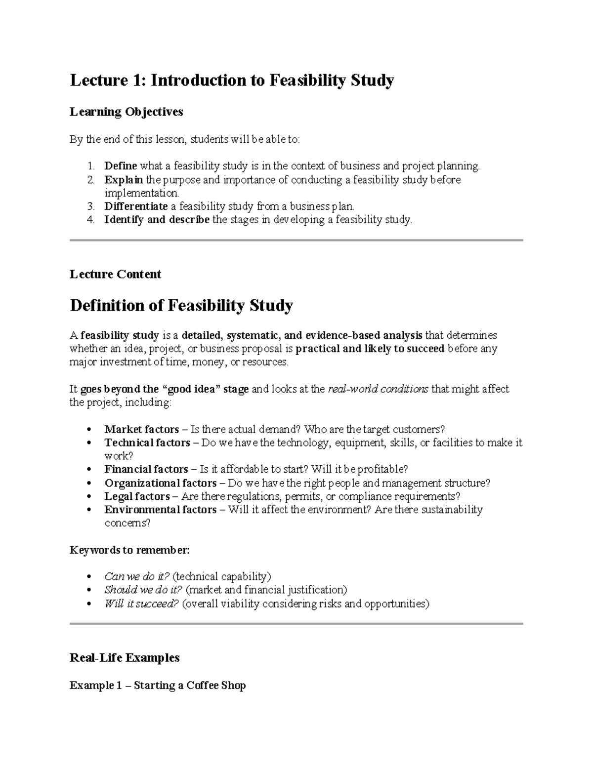 Lecture 1: Intro to Feasibility Study & Key Learning Objectives - Studocu