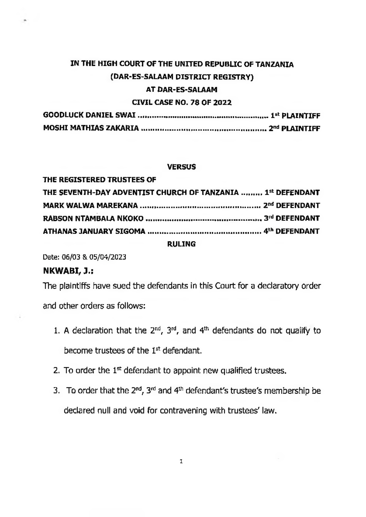 Civil Case 78/2022: Ruling on Goodluck Daniel Swai v. SDA Church ...