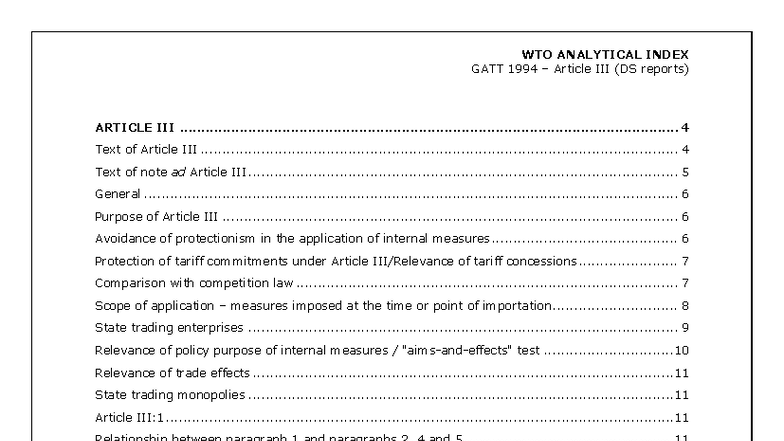 WTO GATT 1994 Article 3 Analytical Index (DS Reports) - Studocu