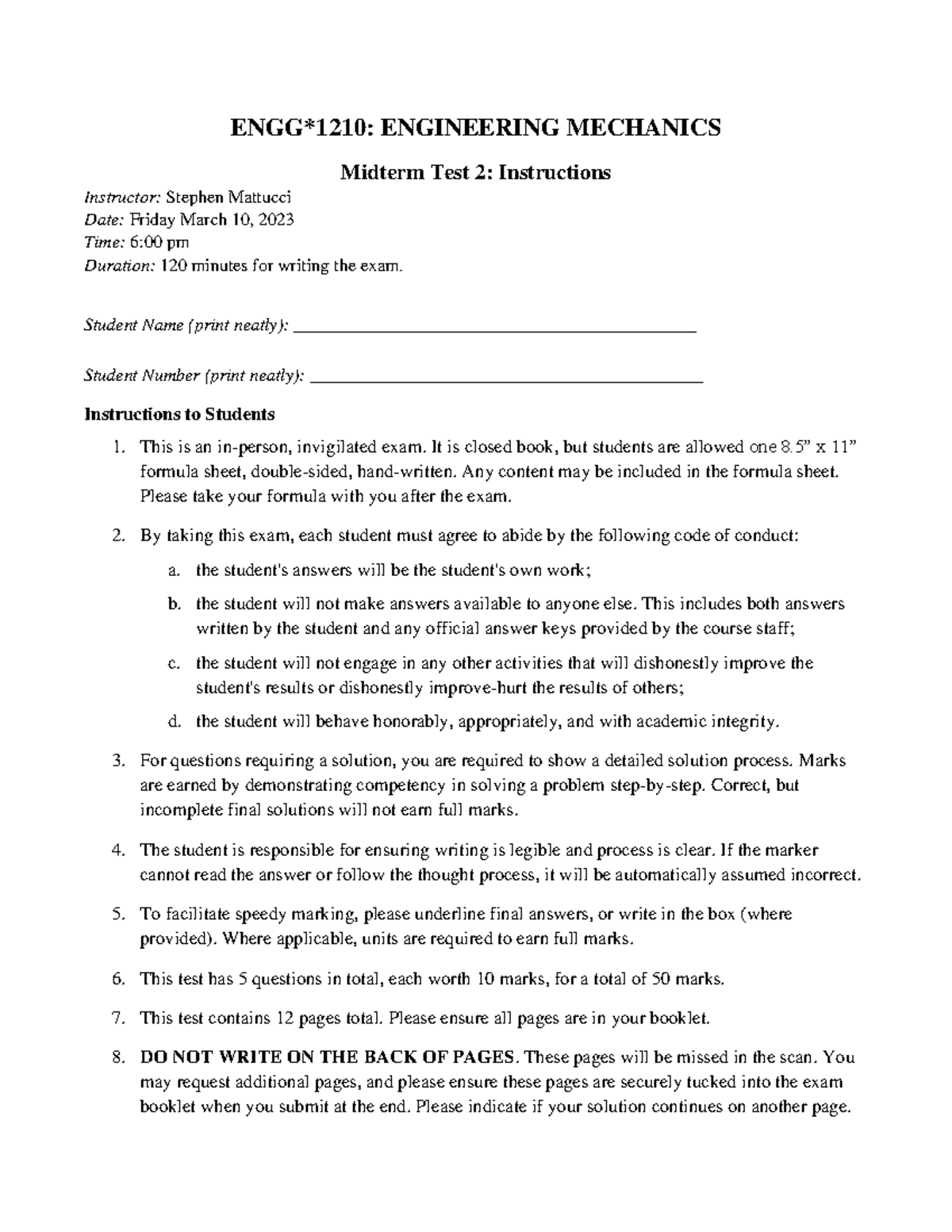 Midterm 2 Instructions for ENGG1210 - Engineering Mechanics W23 - Studocu
