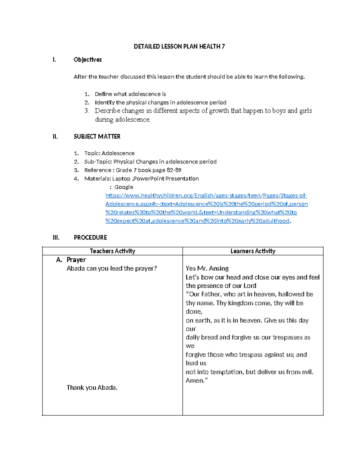 Detailed Lesson Plan for Health 7: Understanding Adolescence Changes ...