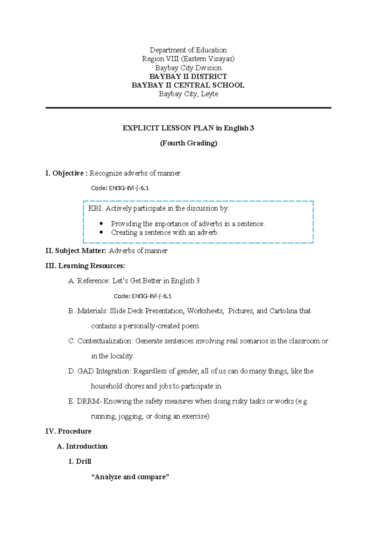 EN3G-IVi-j-6 Final Lesson Plan: Recognizing Adverbs of Manner - Studocu