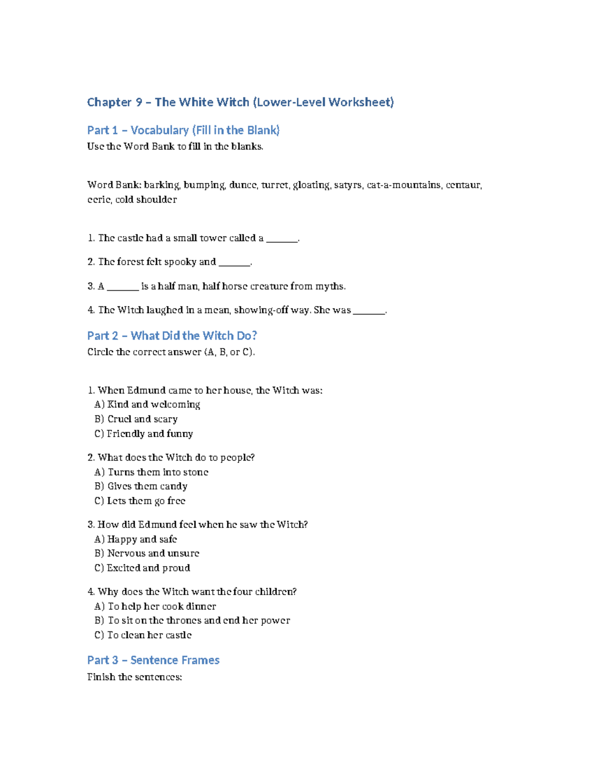 Chapter 9 (Witch) Vocabulary & Comprehension Worksheet - Studocu
