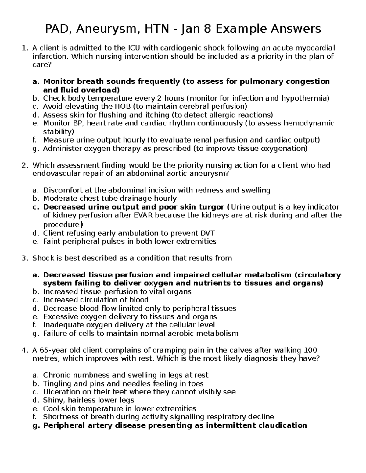 PAD, Aneurysm & HTN - Jan 8 ICU Nursing Example Answers - Studocu