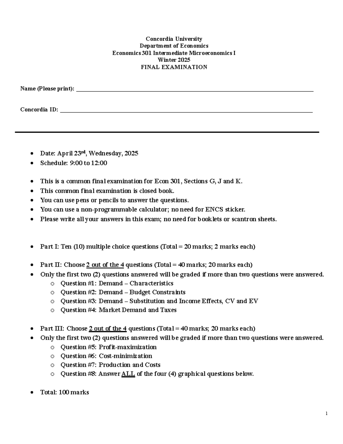 Econ 301 W2025 Intermediate Microeconomics Final Exam Guide - Studocu