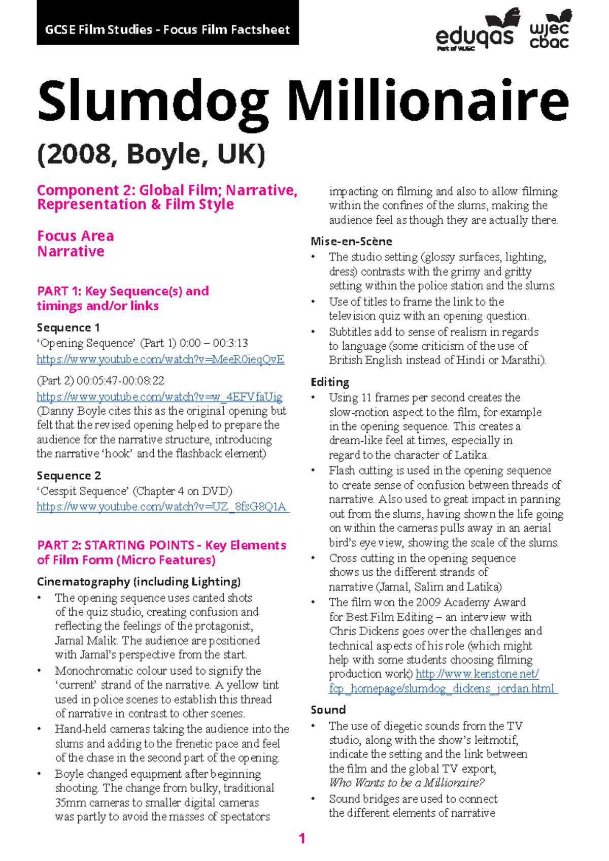 GCSE Film Studies: Slumdog Millionaire Focus Factsheet - Studocu