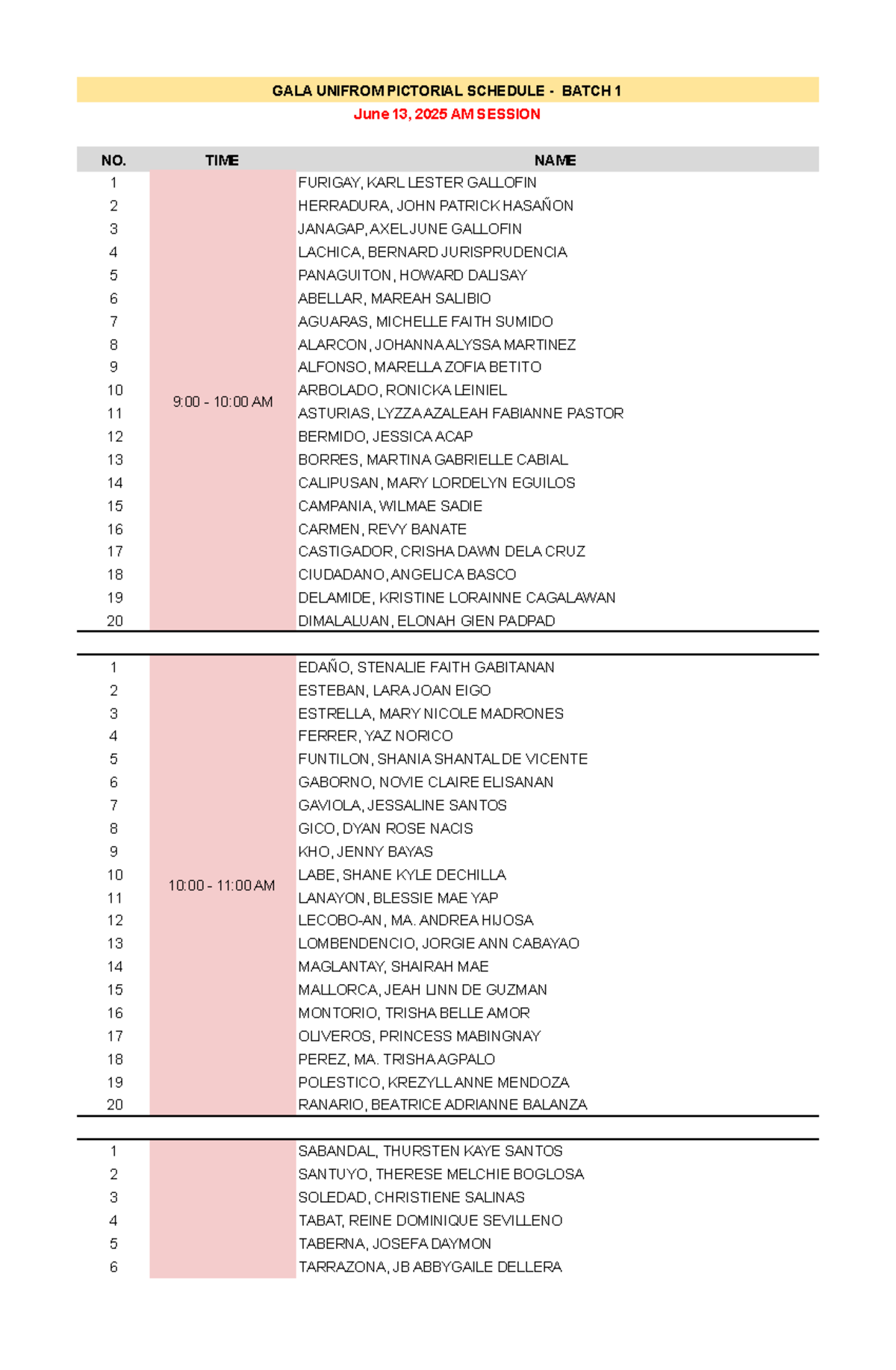 GALA Uniform Pictorial Schedule Batch 1 - June 13-14, 2025 - Studocu