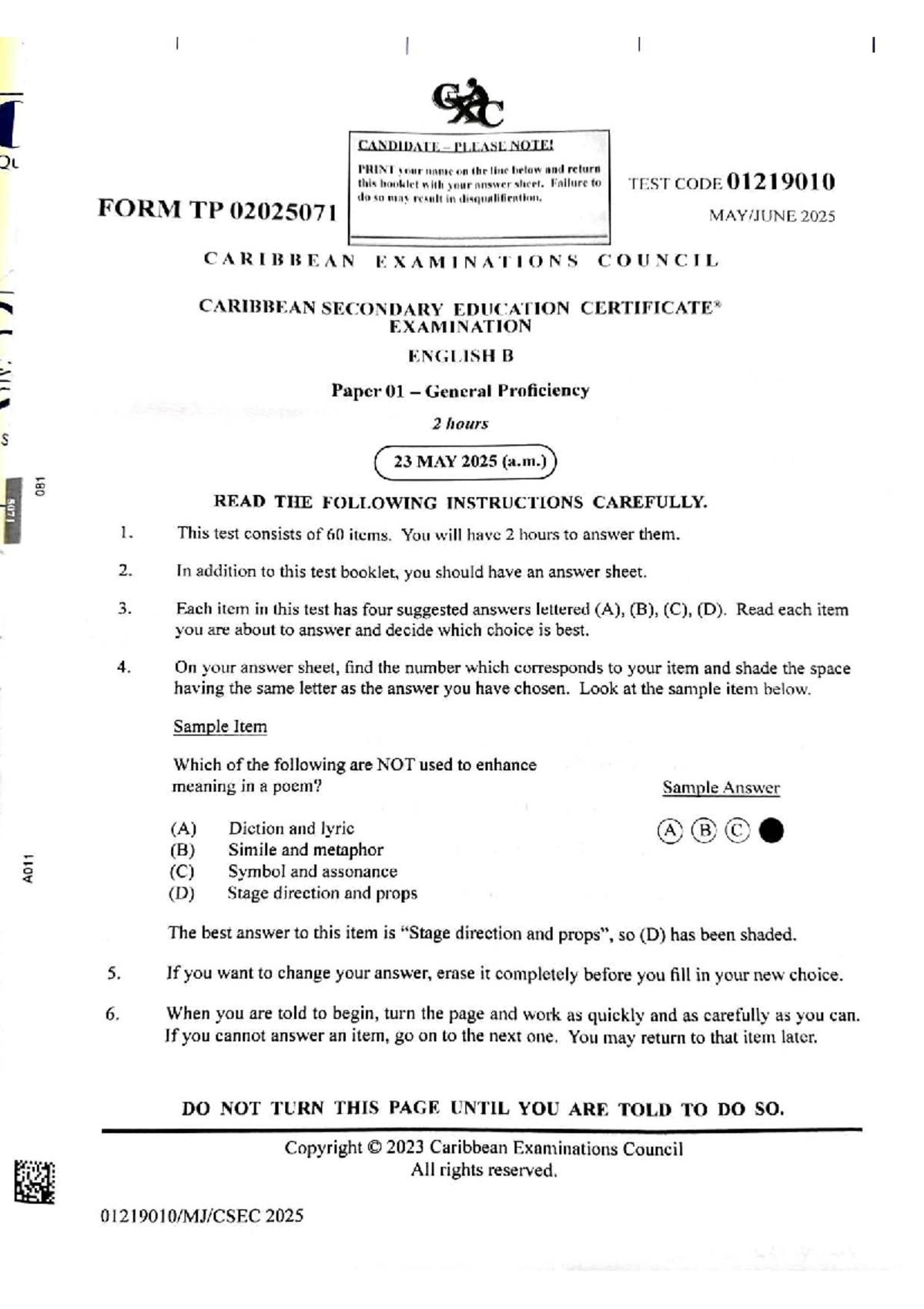 CSEC ENGLISH B 081 A011 General Proficiency Exam Instructions and ...