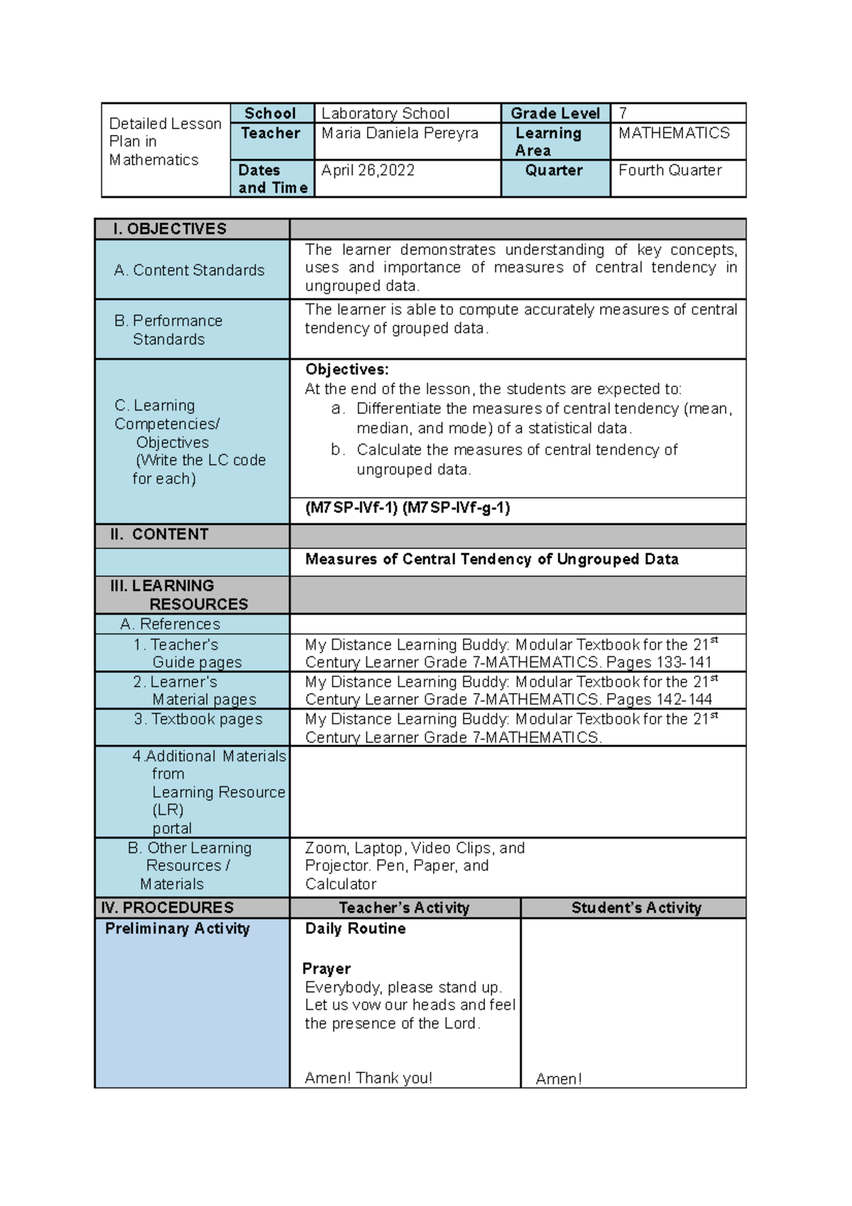 Ungrouped DATA - DLP - Detailed Lesson Plan in Mathematics School ...