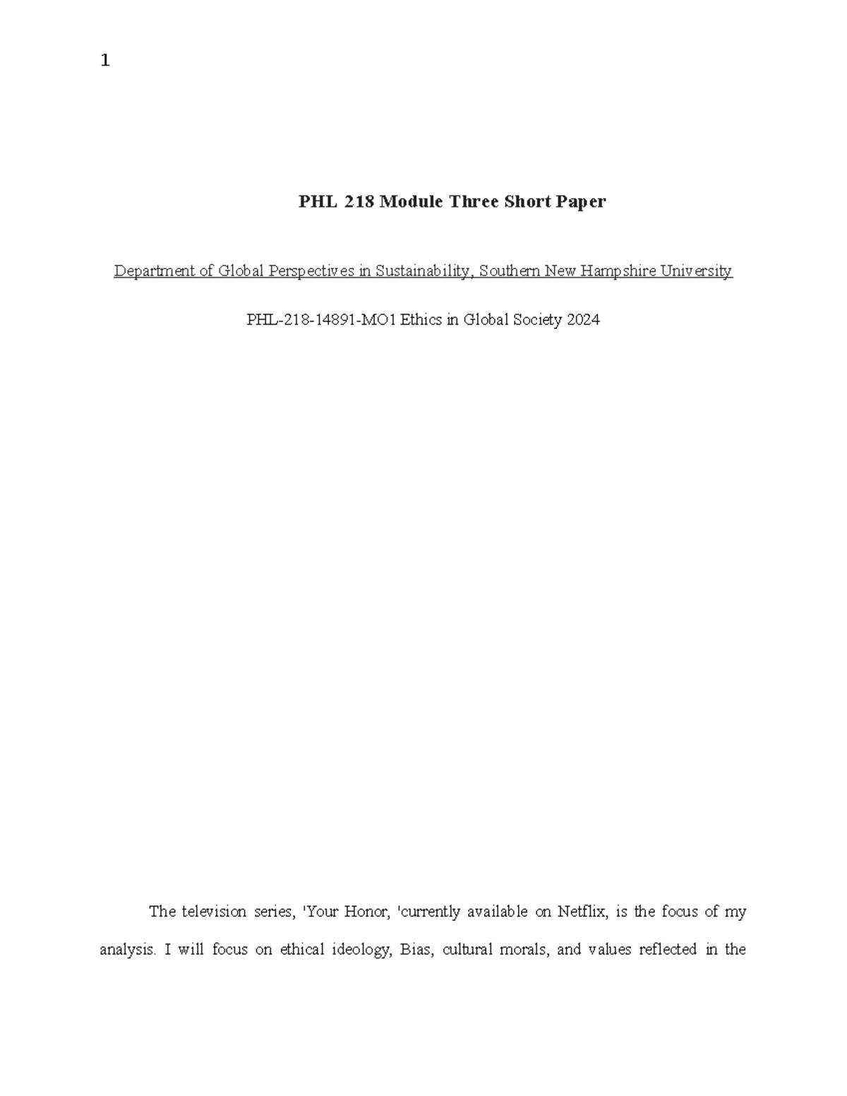 PHL 218 Analysis of Eastern Ethics in 'Your Honor' - Short Paper - Studocu