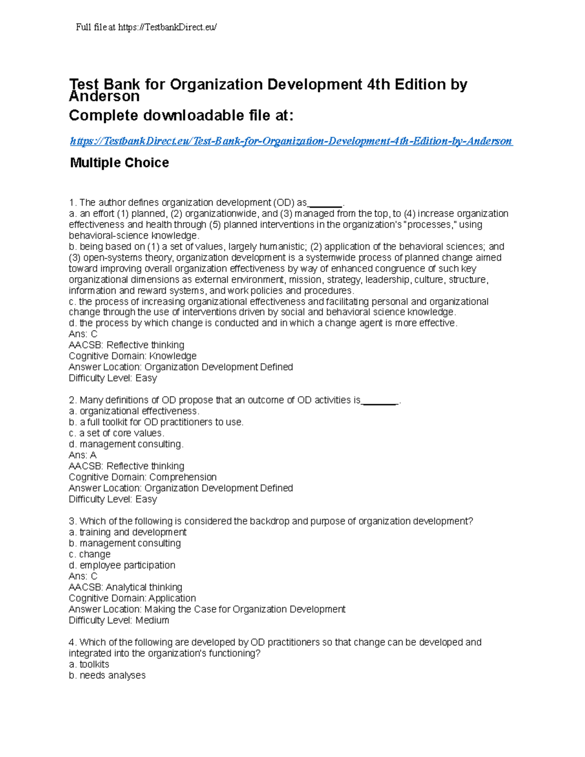 Test Bank for Organization Development 4th Edition by Anderson - Test ...