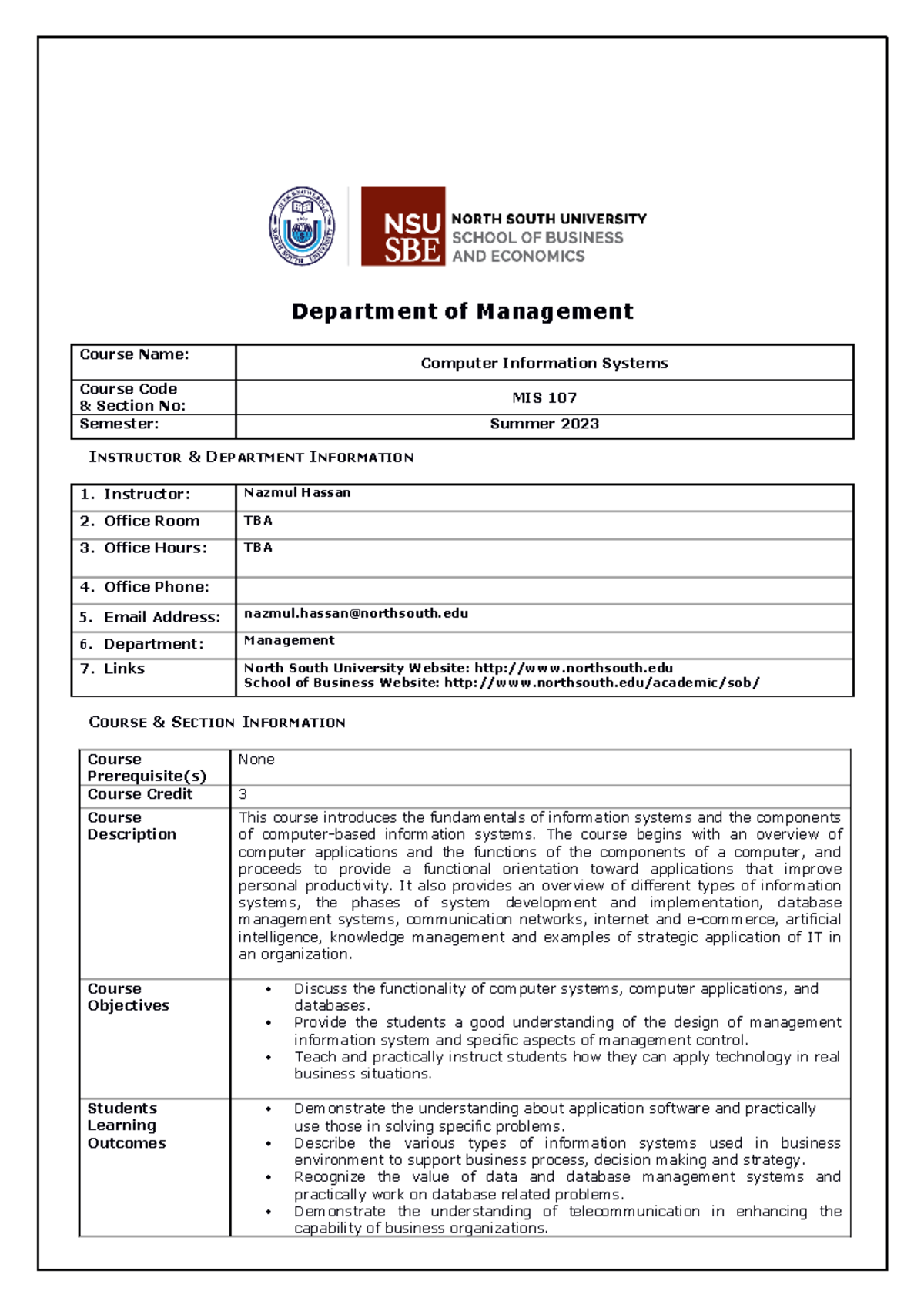 MIS 107 Computer Information Systems Course Outline - Summer 2023 - Studocu