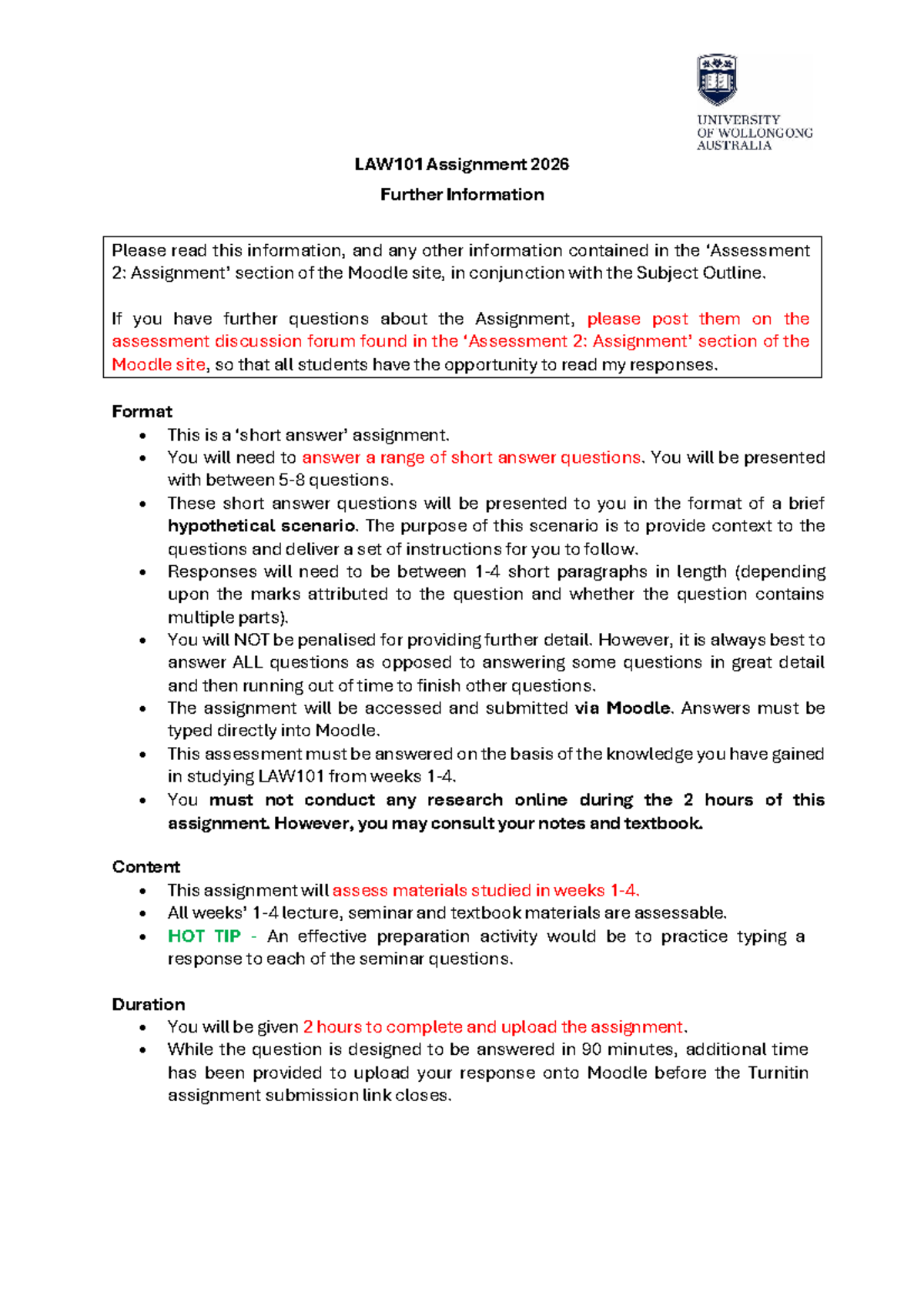 LAW101 Assignment 2026: Further Instructions & Guidelines - Studocu