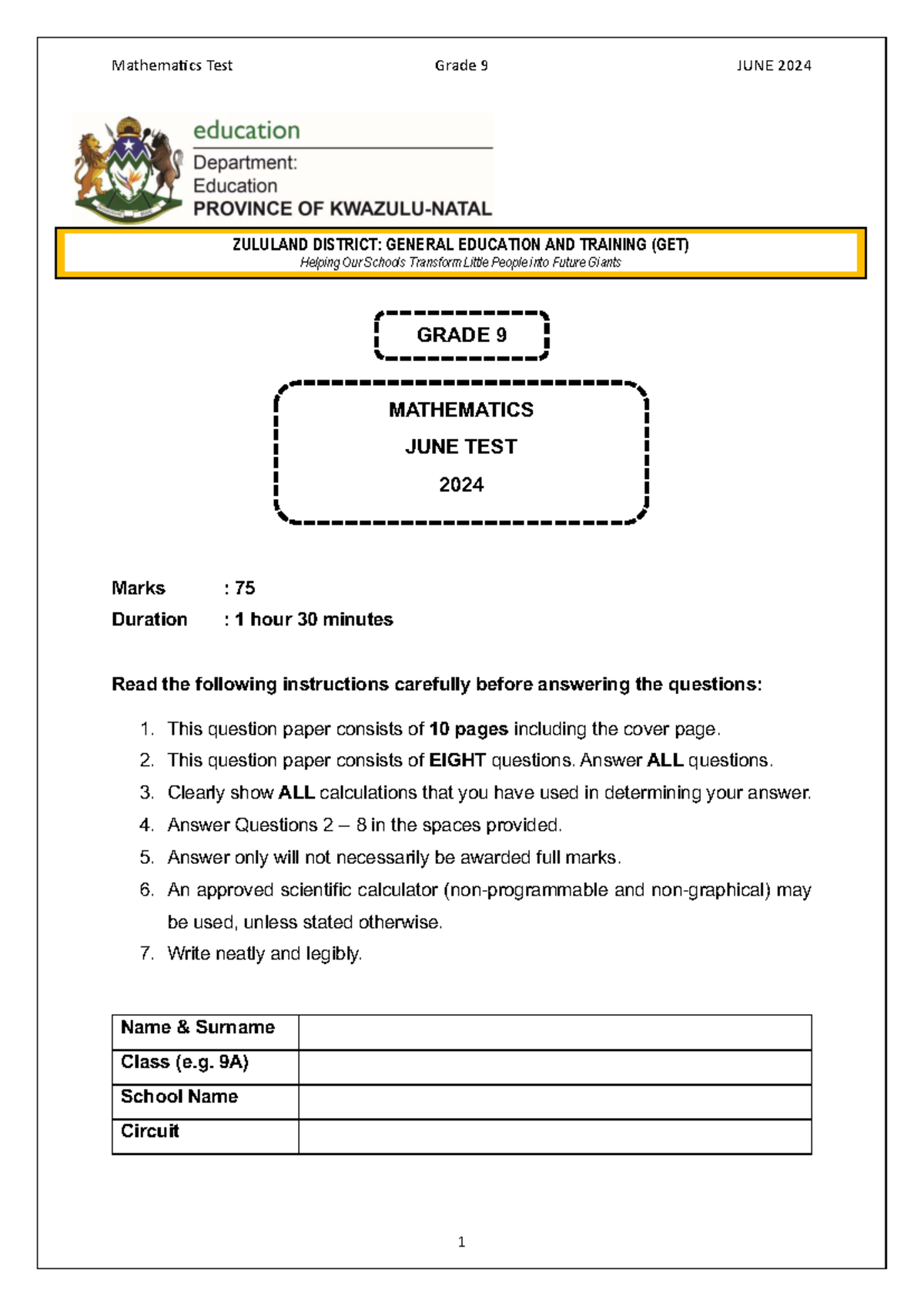 2024 Final Grade 9 Mathematics June Test - Zululand District - Studocu