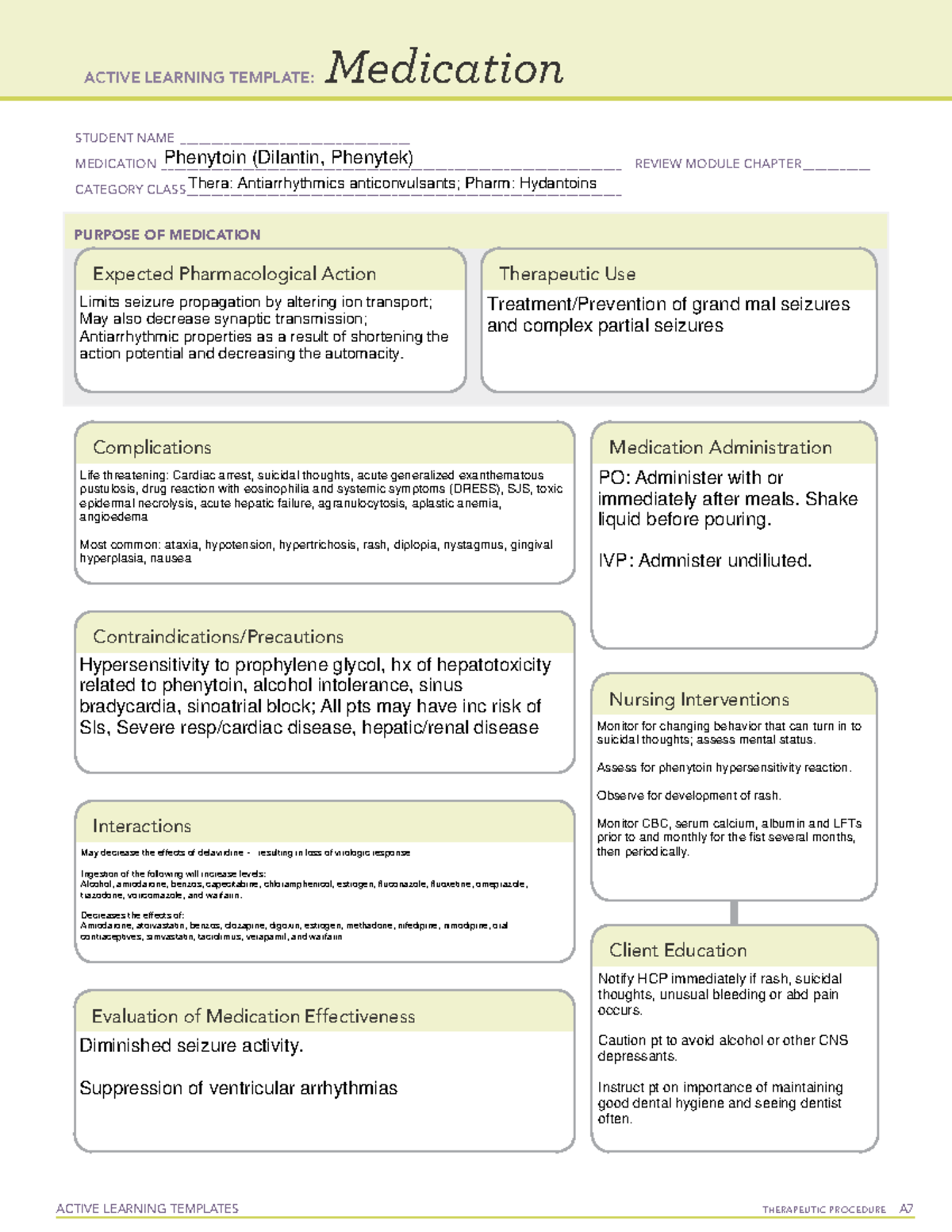Phenytoin Review - ATI Med Template for Therapeutic Procedures - Studocu