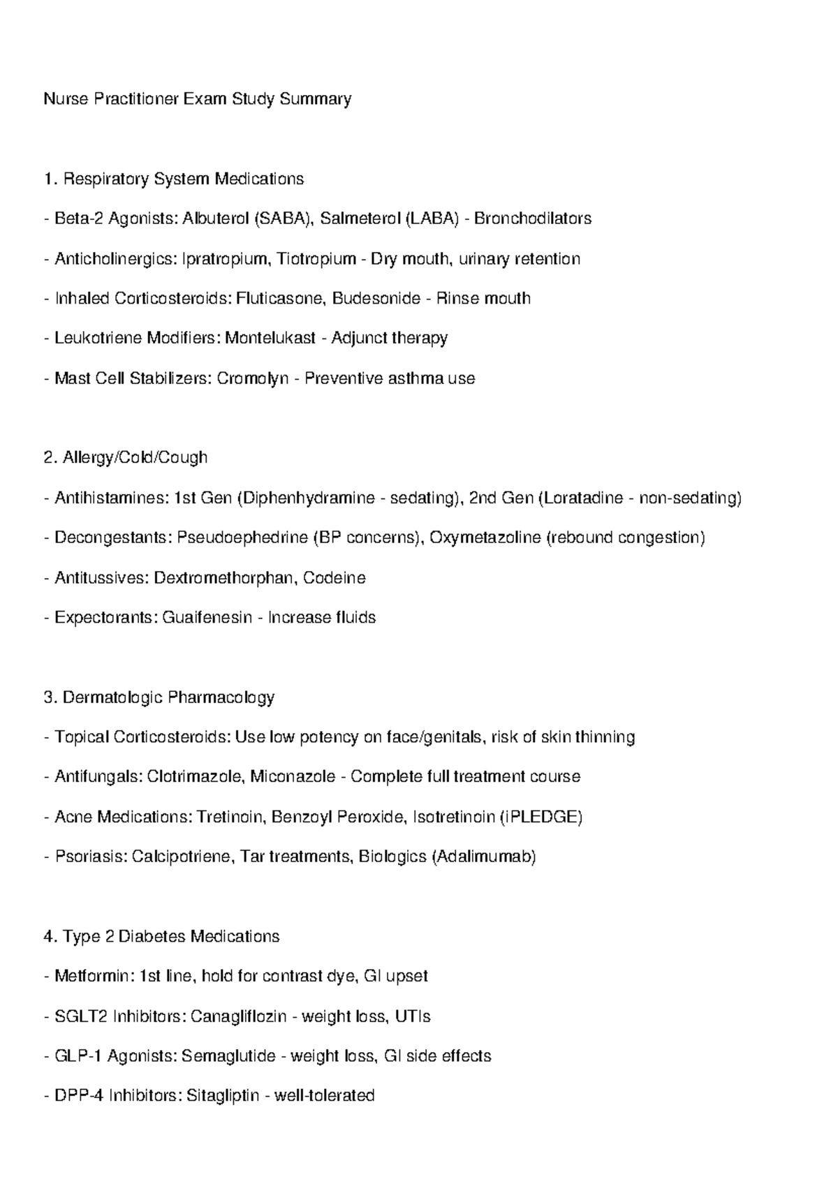 Nurse Practitioner Exam Study Summary: Respiratory & Dermatologic Meds ...