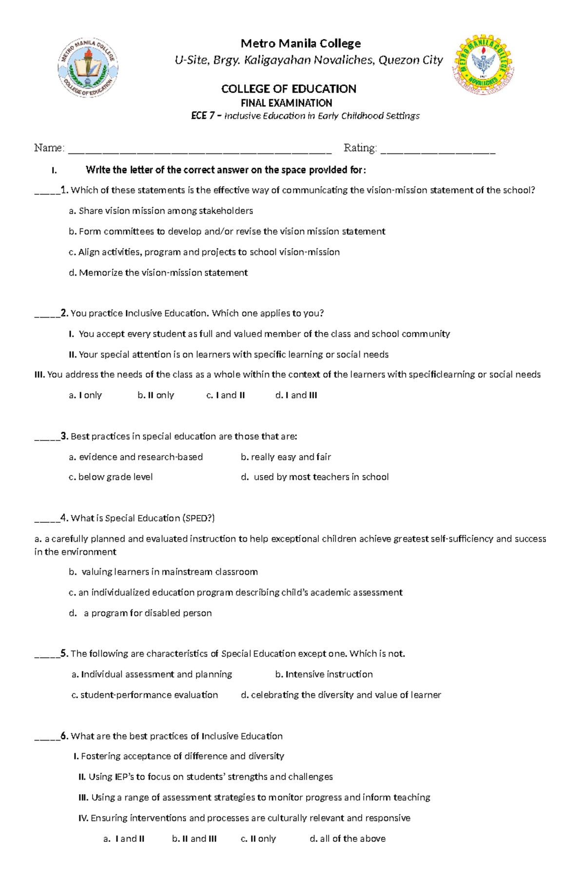 ECE 7 - Final Exam on Inclusive Education in Early Childhood Settings ...