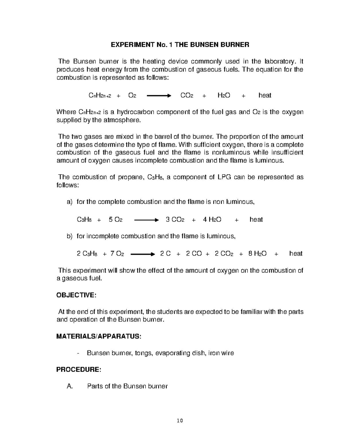 Experiment 1 - Bunsen Burner - EXPERIMENT No. 1 THE BUNSEN BURNER The ...