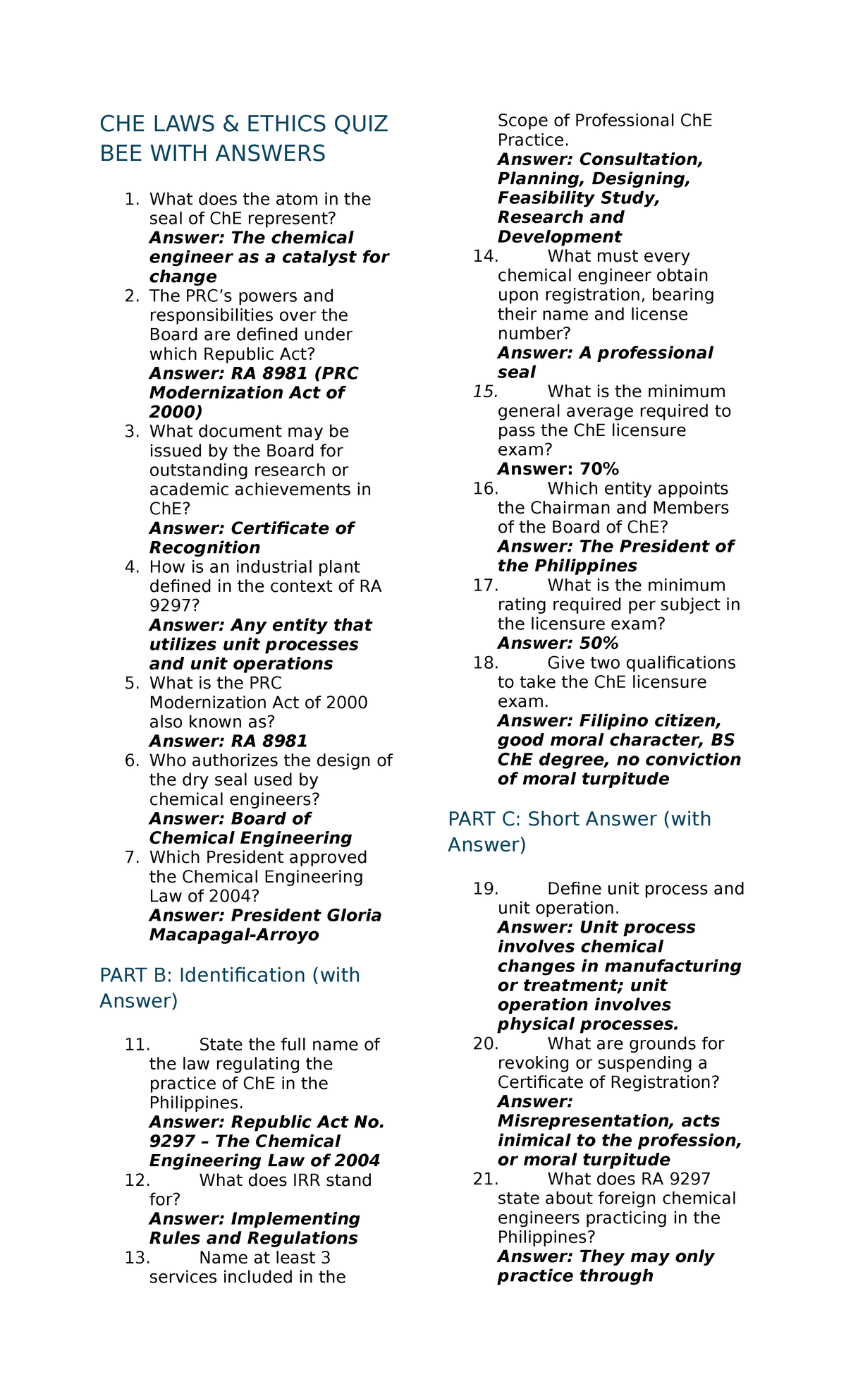 CHE LAWS ETHICS QUIZ BEE REVIEWER WITH ANSWERS - Studocu
