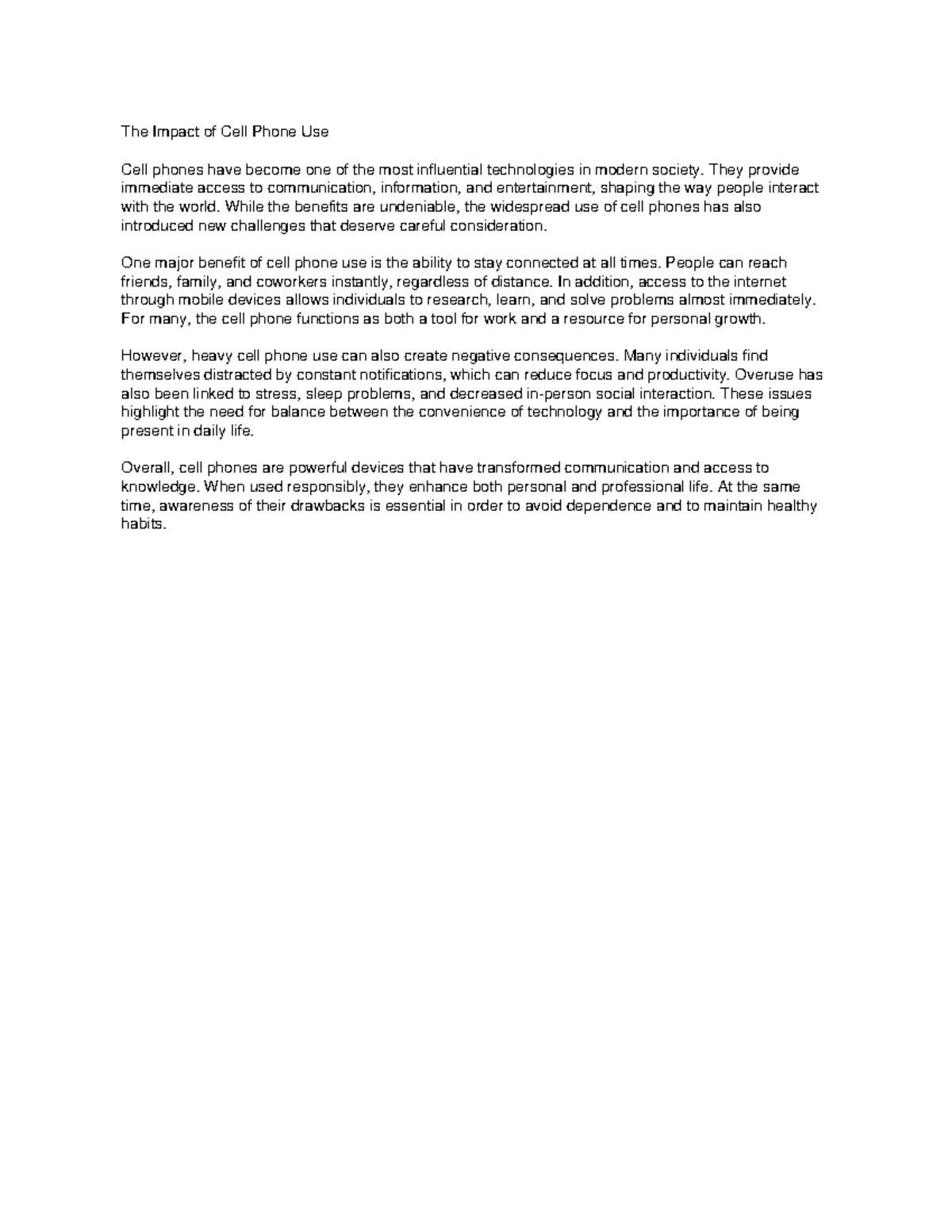 Cell Phone Use Essay: Balancing Benefits and Drawbacks - Studocu