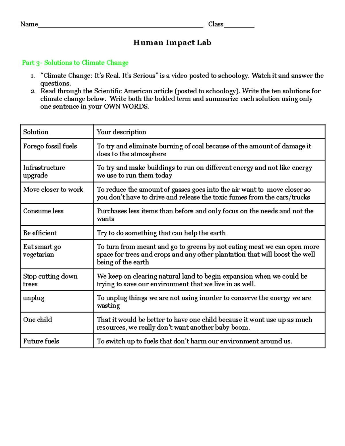 Human Impact Lab Part 3: Solutions to Climate Change Analysis - Studocu