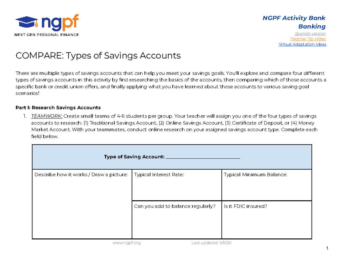 NGPF Activity Bank: Compare Types of Savings Accounts (Spanish) - Studocu