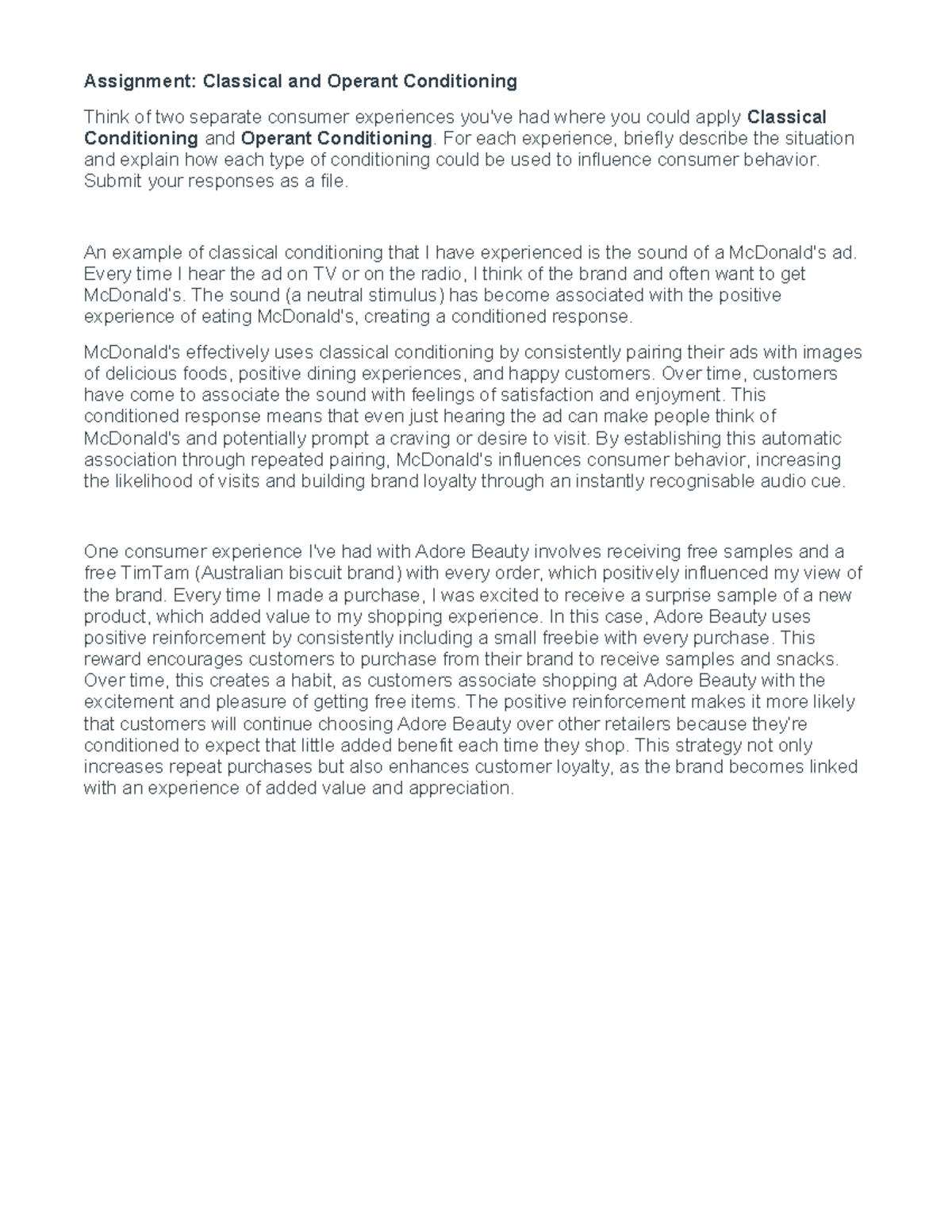 PSY101: Assignment on Classical and Operant Conditioning in Consumer ...
