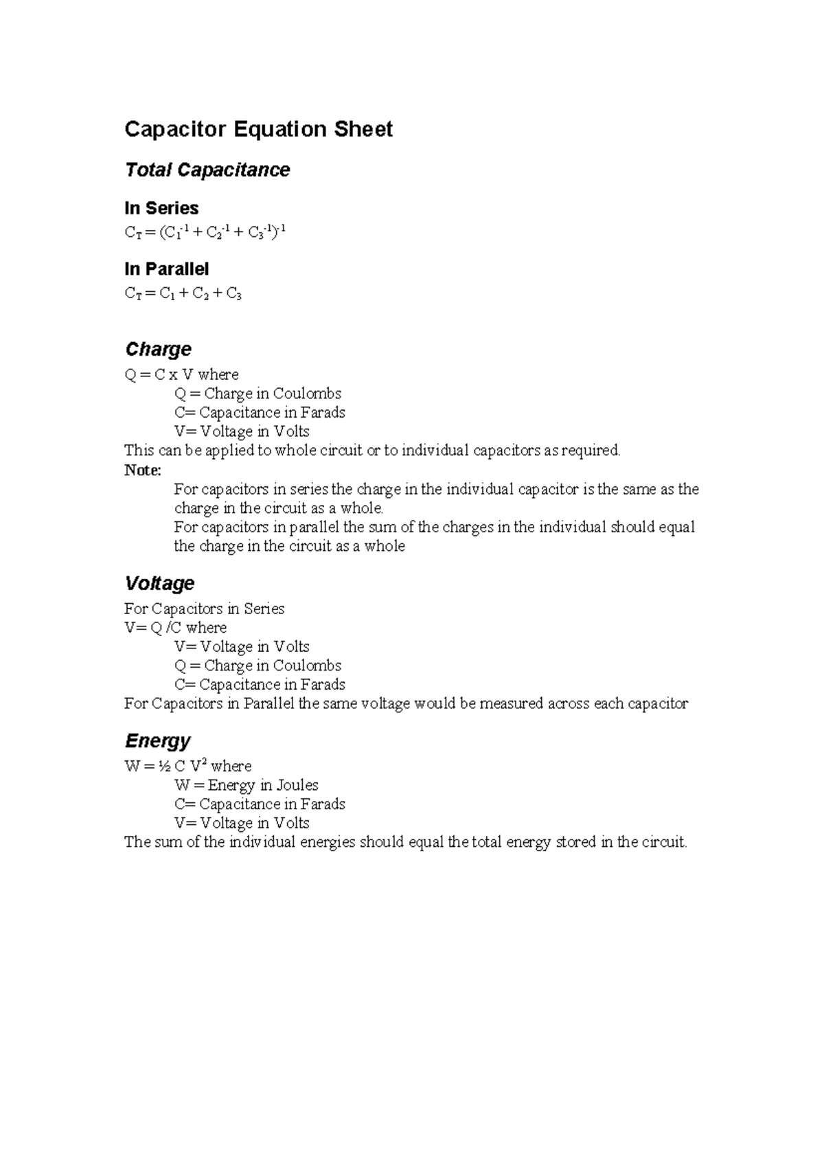 Capacitor Equation Sheet: Total Capacitance & Charge Relations - Studocu