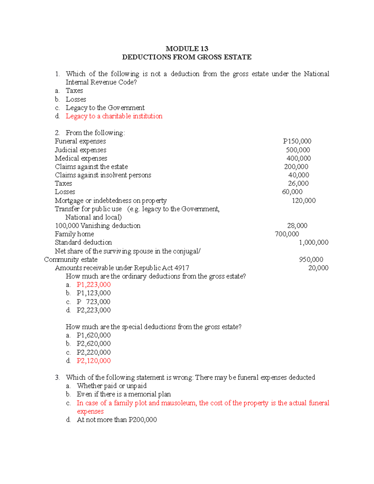 Module 13: Key Deductions from Gross Estate Under Tax Code - Studocu