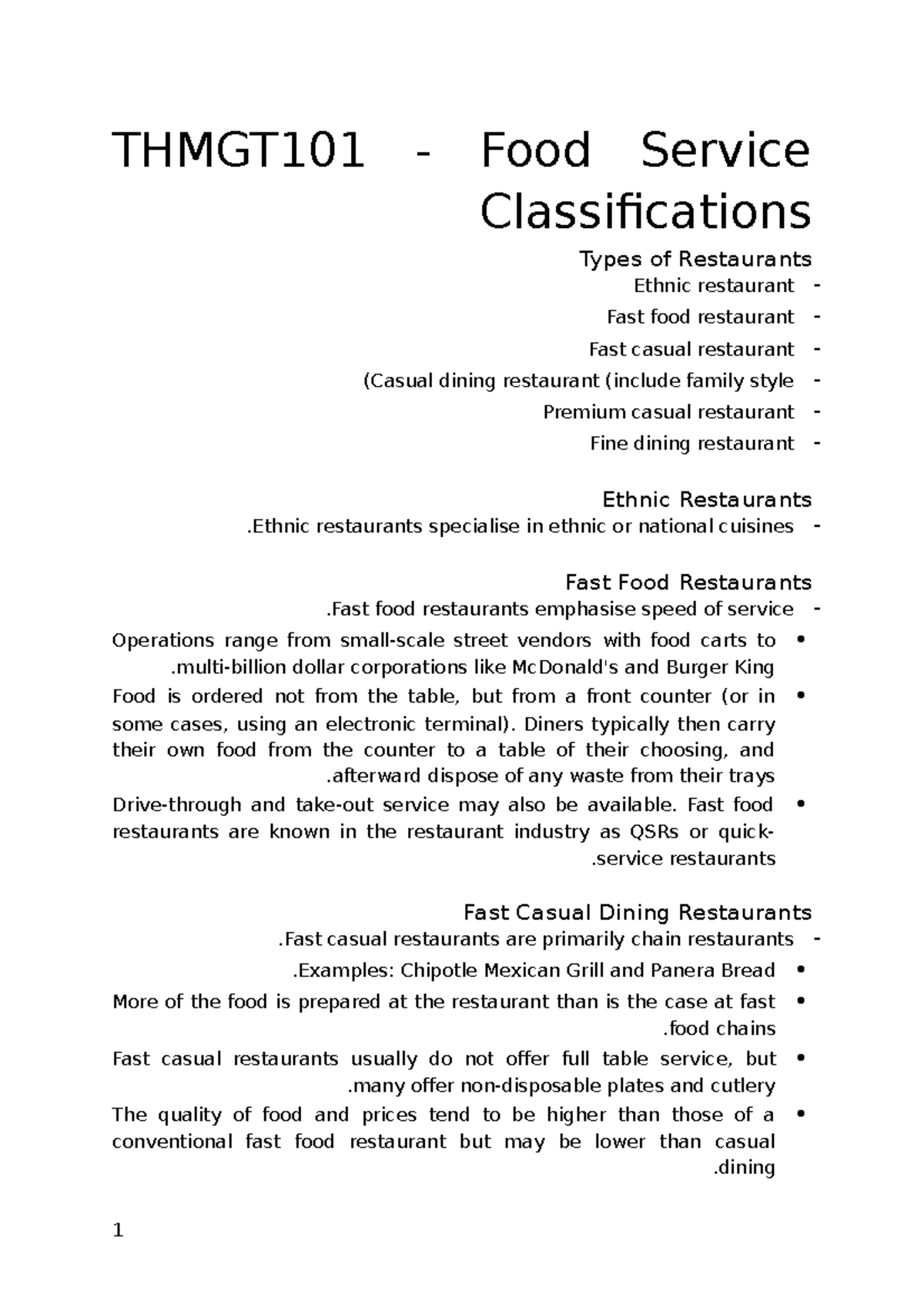 THMGT101 - Classifications of Food Service Establishments - Studocu
