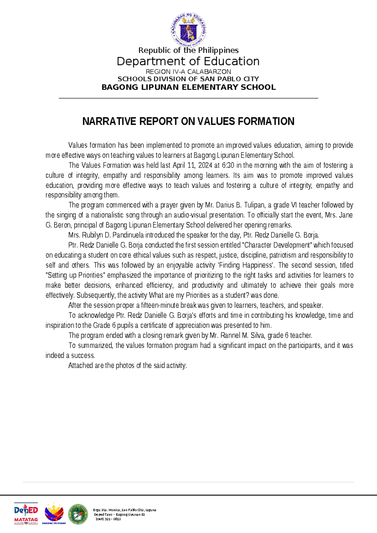 Values Formation Narrative Report - Bagong Lipunan ES (DepEd Tayo ...