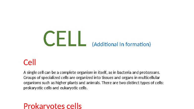 CELL - Types and Functions of Prokaryotic and Eukaryotic Cells - Studocu