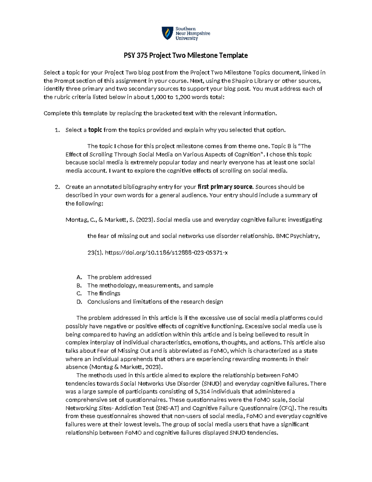 PSY 375 Project Two Milestone - Next, using the Shapiro Library or ...