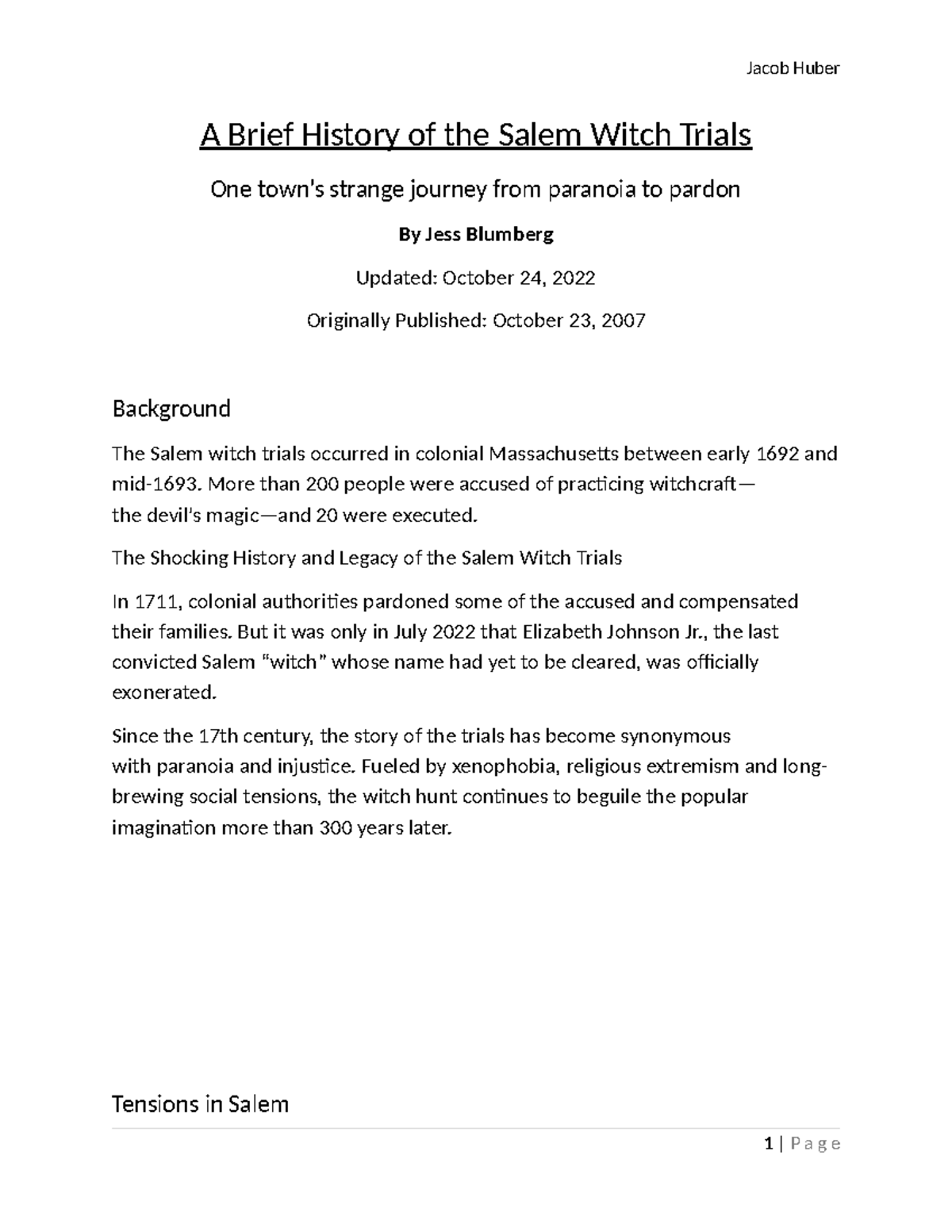 Salem Witch Trials: A Historical Overview and Legacy Analysis - Studocu