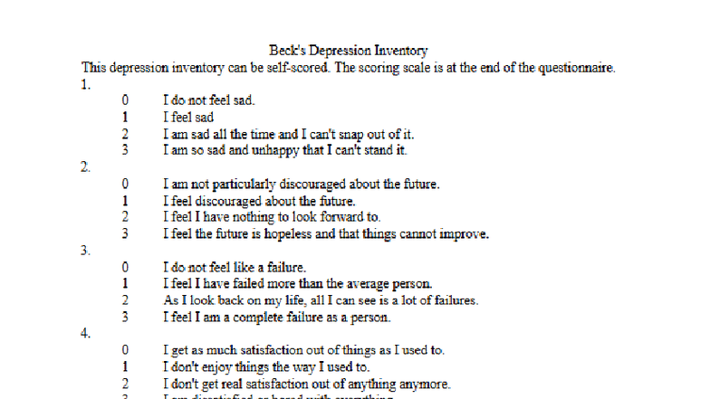 Beck Depression Inventory: Assessment Questionnaire - Studocu