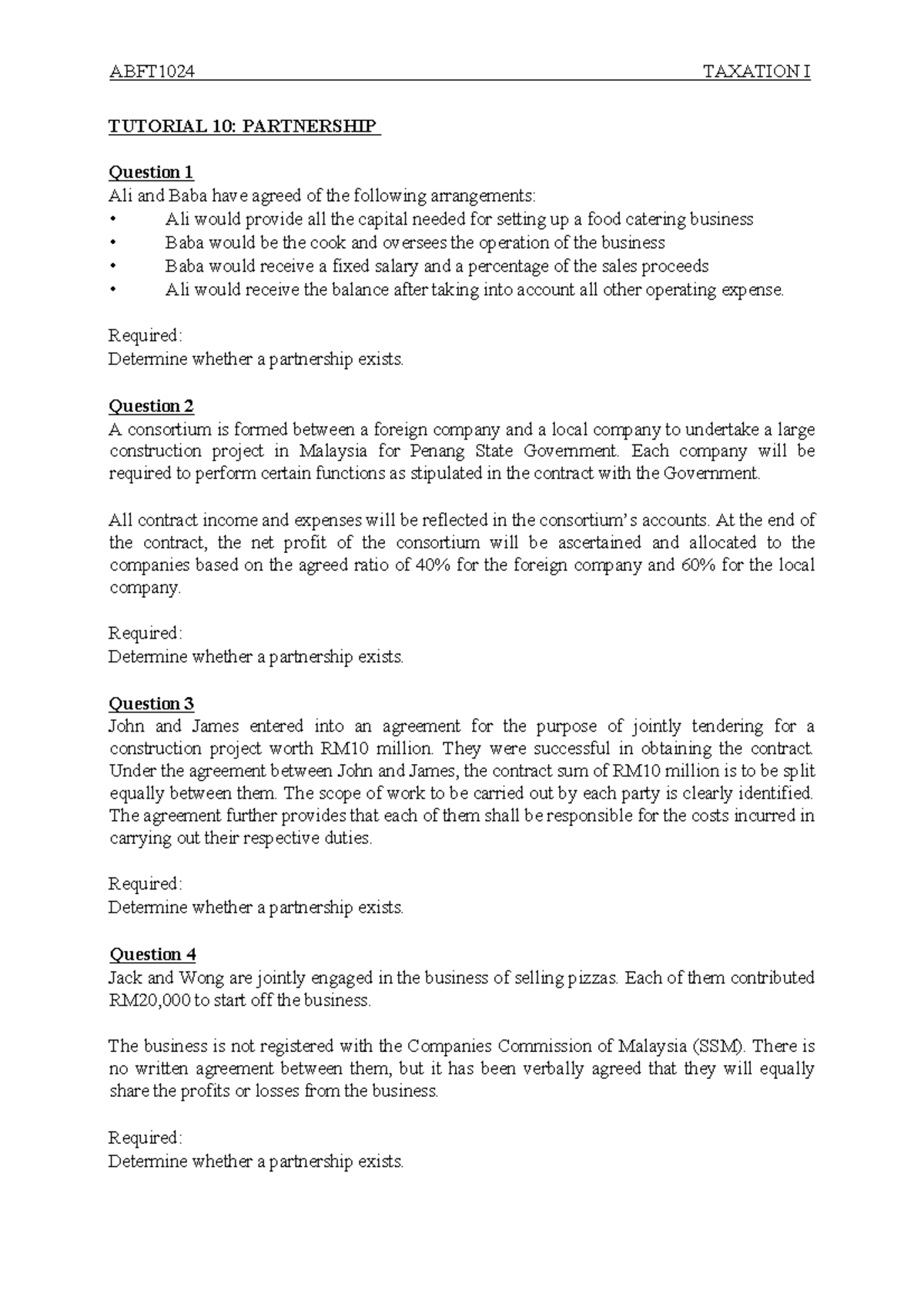 ABFT1024 TAXATION I TUTORIAL 10: PARTNERSHIP CASE STUDIES - Studocu
