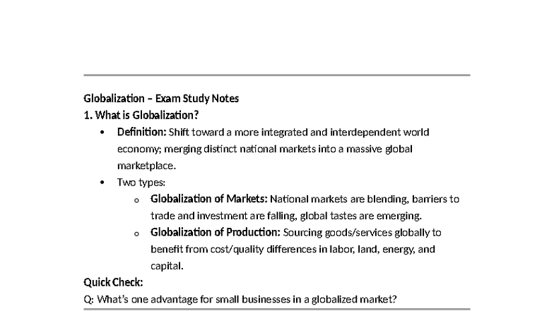 Globalization Exam Study Notes (Course Code: GLOB 101) - Studocu