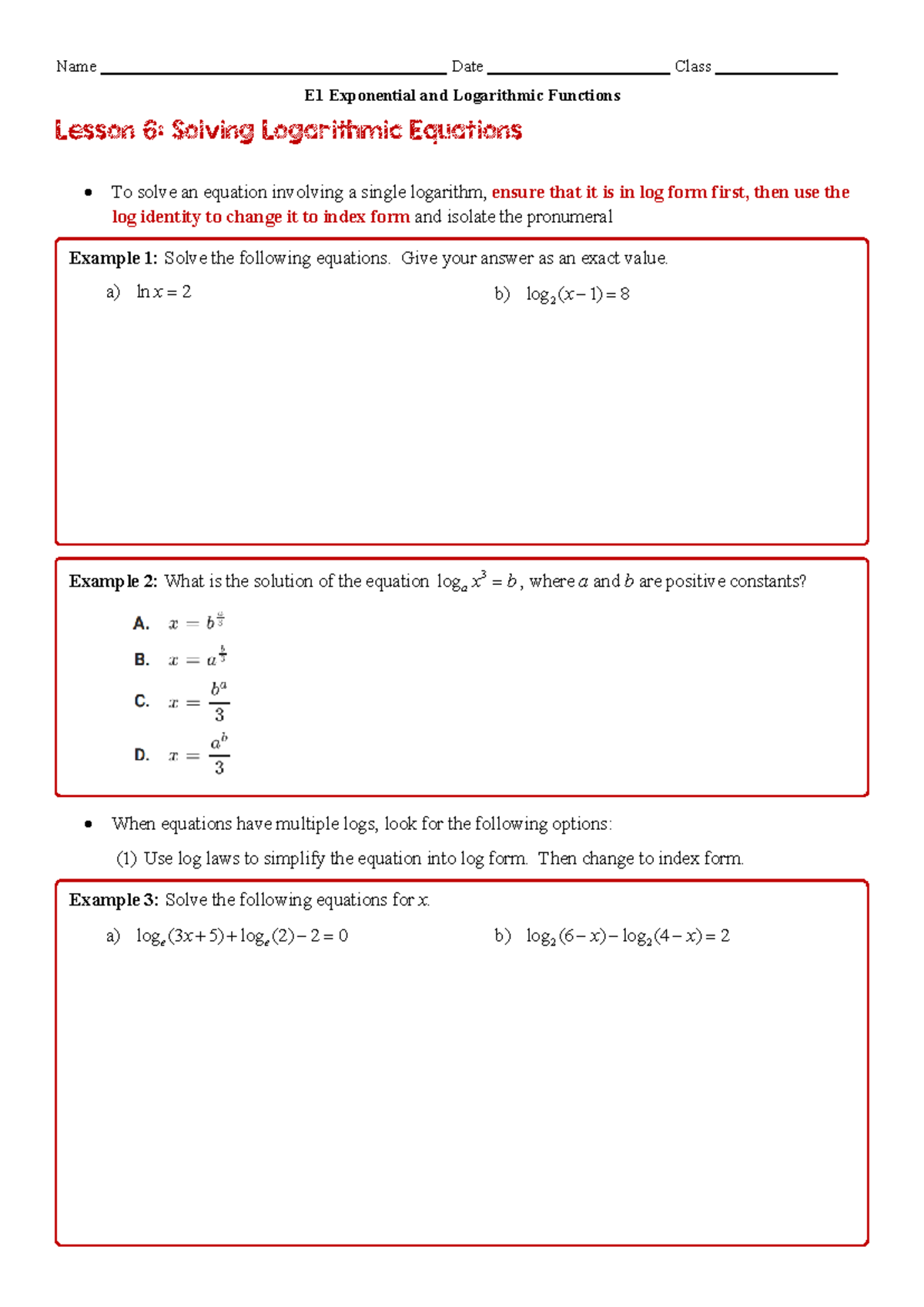 E1 Exponential & Logarithmic Functions: Lesson 6 - Logarithmic ...