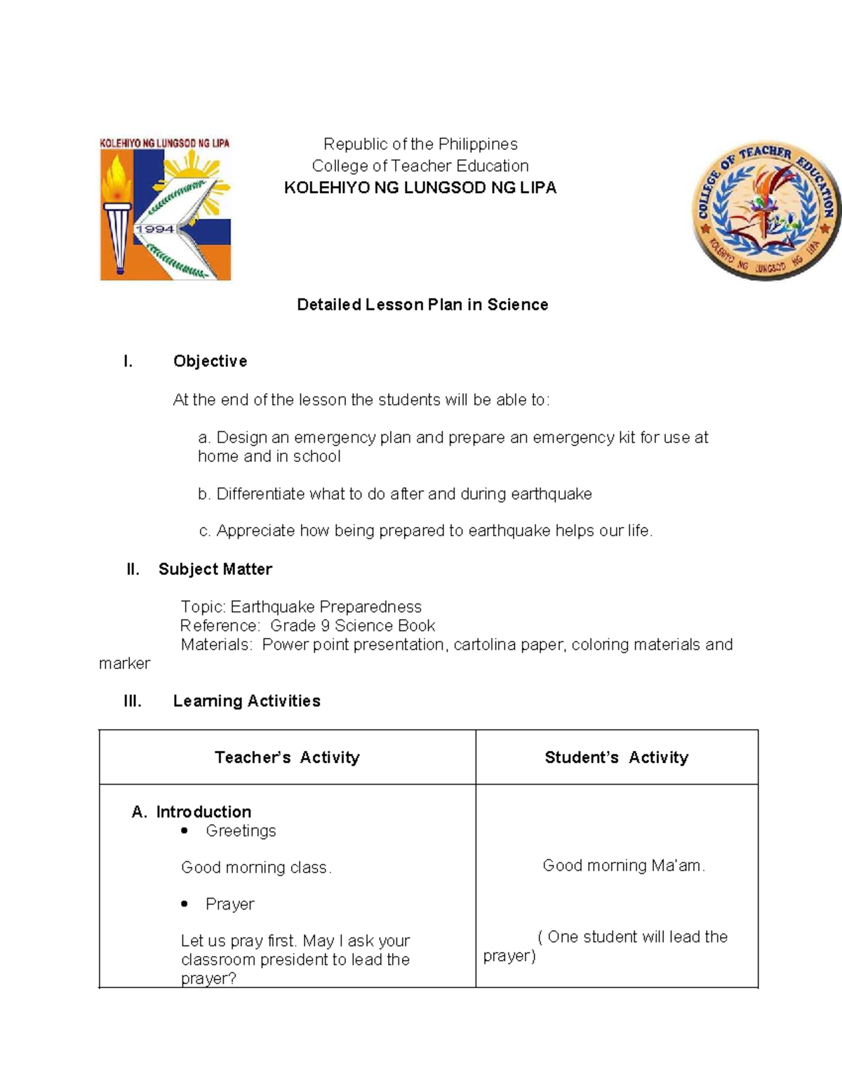 Detailed Lesson Plan on Earthquake Preparedness (Science I) - Studocu