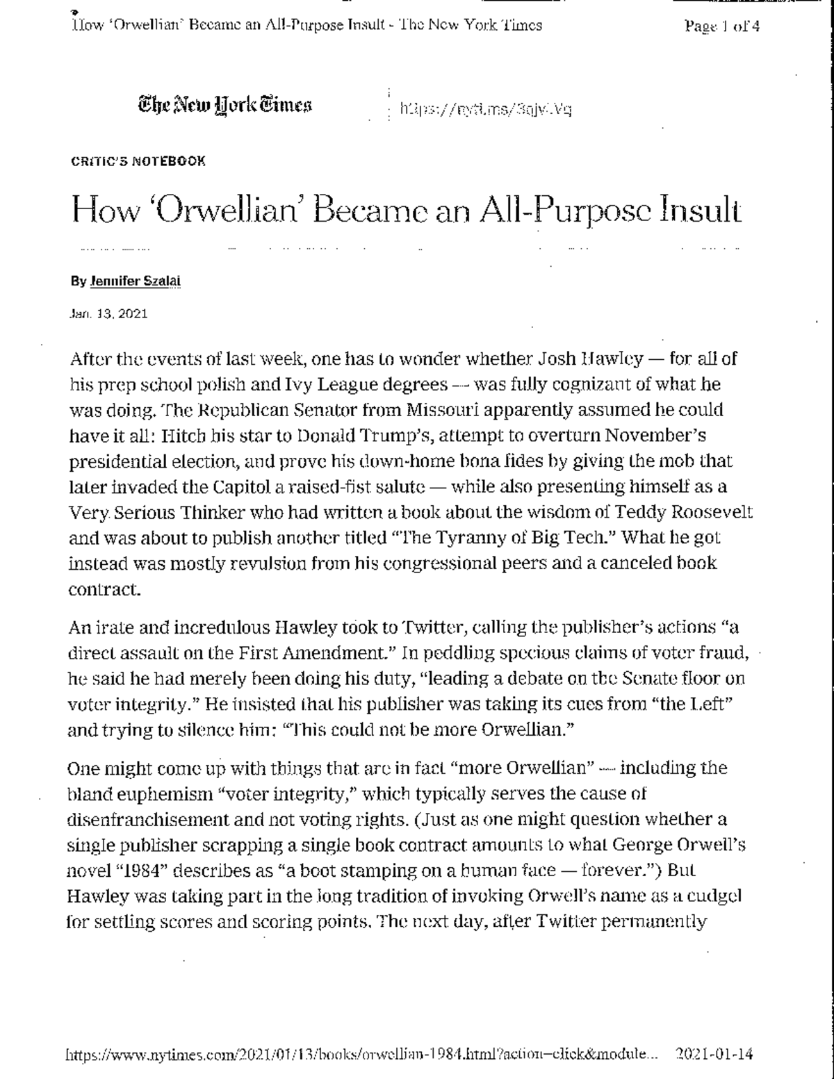 How "Orwellian" Became an Insult: A NYT Analysis - Studocu