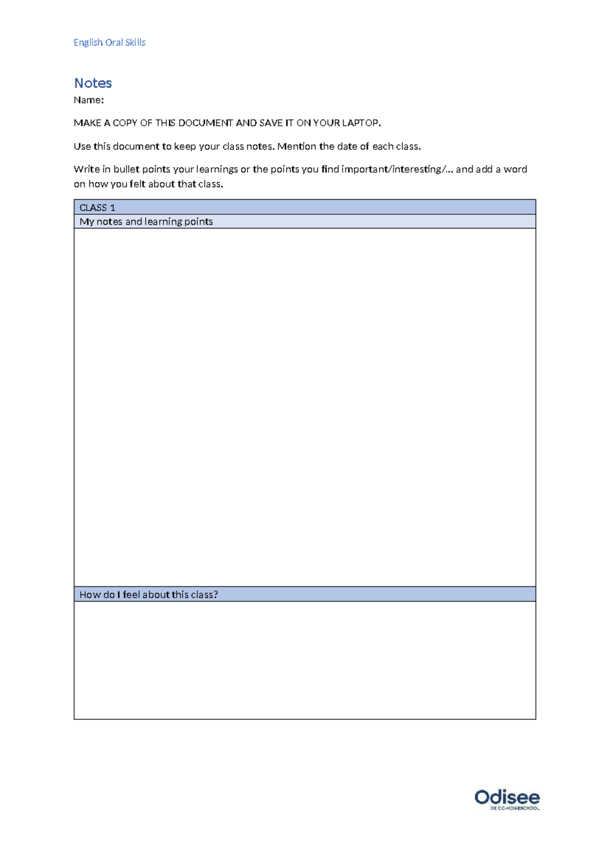 English Oral Skills Notes Template for Class Reflections - Studocu