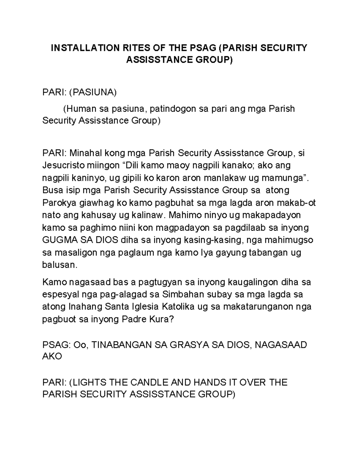 Installation Rites OF THE PSAG - INSTALLATION RITES OF THE PSAG (PARISH ...